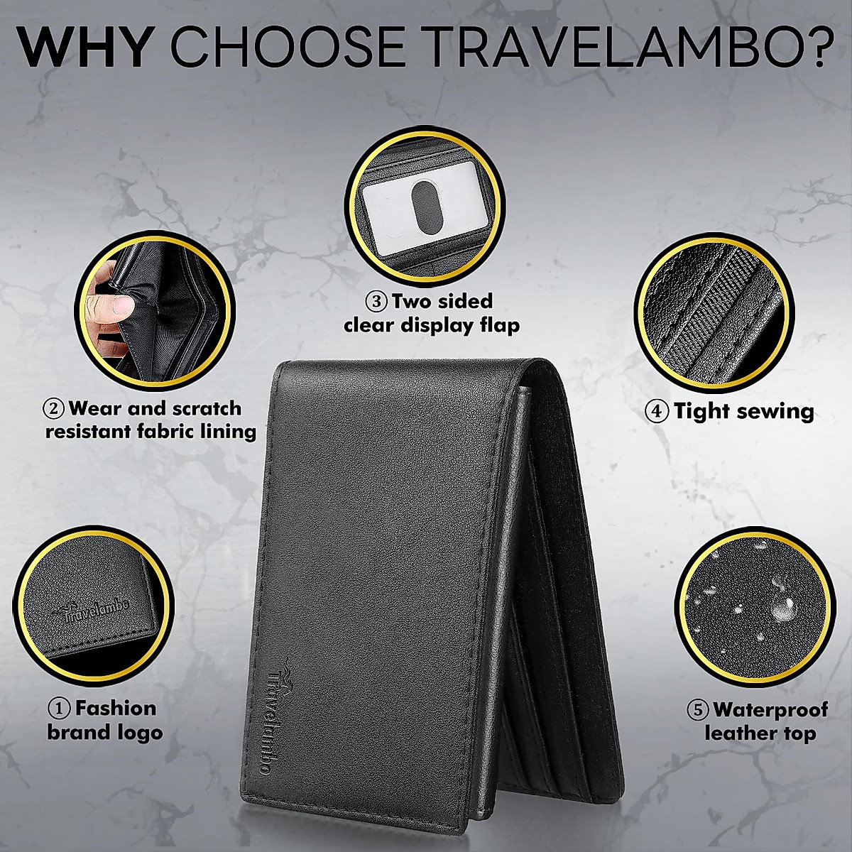 Travelambo Black Wallet for Men, Premium Genuine Leather RFID Blocking Mens Wallet, 10 Credit Card Holder Minimalist Front Pocket, Mens Bifold Wallet with 2 ID Window