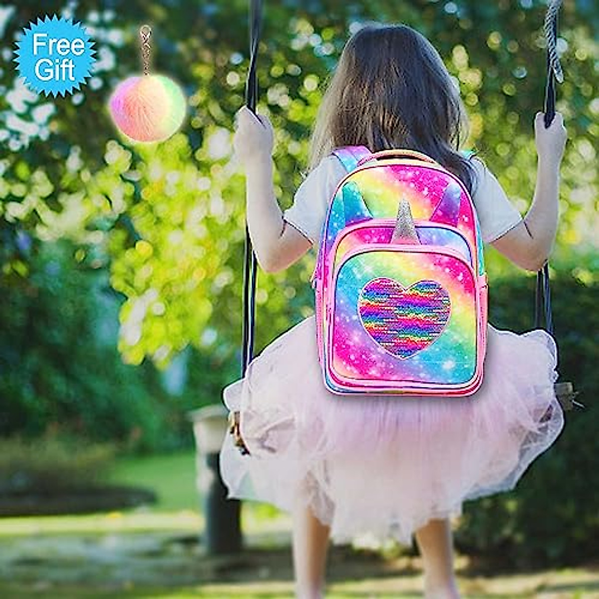 gxtvo 3PCS Girls Backpack, 16" Unicorn Rainbow Sequin Preschool Elementary Bookbag and Lunch Box