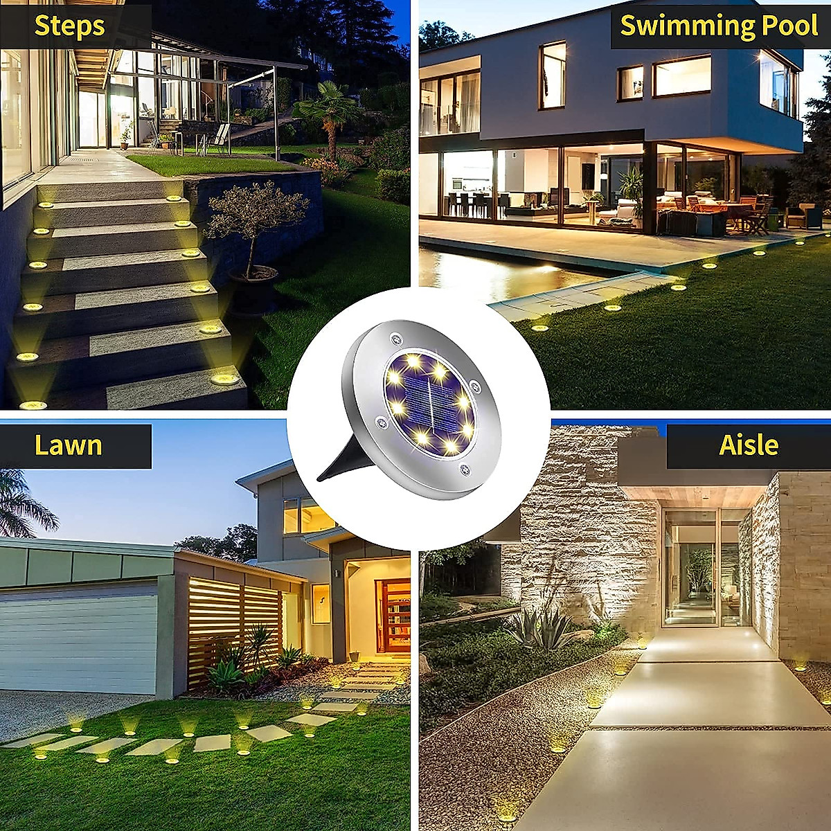 Aogist Solar Ground Lights 12 Packs, 8 LED Solar Garden Lights, Waterproof Outdoor Solar Disk Lights, In-ground Outdoor Landscape Lights for Pathway Yard Walkway Patio Lawn Path (Warm White)