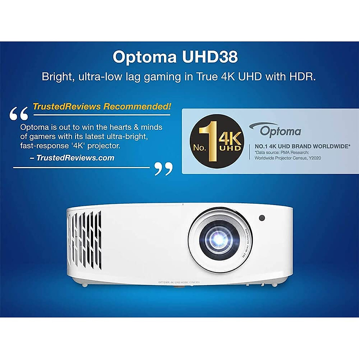 Optoma UHD38 Bright, True 4K UHD Gaming Projector | 4000 Lumens | 4.2ms Response Time at 1080p with Enhanced Gaming Mode | Lowest Input Lag on 4K Projector | 240Hz Refresh Rate | HDR10 & HLG