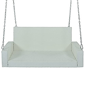 2-Person Porch Swing with Hanging Chains,Outdoor Rattan Wicker Porch Swing Bench with Cushion/Pillow for Front Garden, Backyard, Pond, Heavy Duty 500 LBS (White Wicker, Gray Cushion)