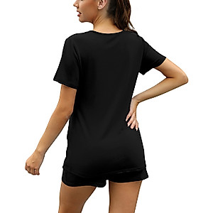 Aloodor Pajama Set for Women 2 Piece Short Sleeve V Neck Pjs Lounge Sets Sleepwear Soft Black L