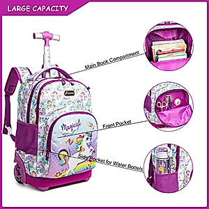 Oruiji Rolling Backpack for Girls Backpack with Wheels Unicorn Kids Wheeled Backpack for School with Lunch Box Trolley Wheeled Backpack Luggage Suitcase for Teen Girls