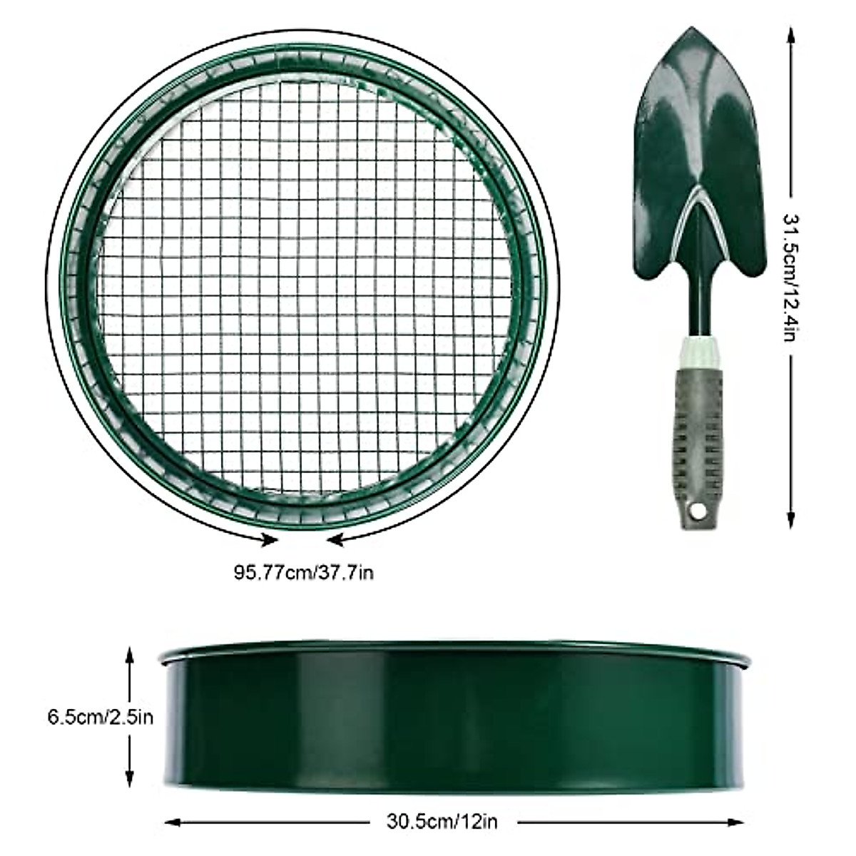 Soil Sieve Garden Riddle Sieve 12" Diameter, Fine Mesh Soil Sieve, Potting Sieve with 4 Interchangeable Filter Mesh Sizes 3,6,9,12mm and Shovel