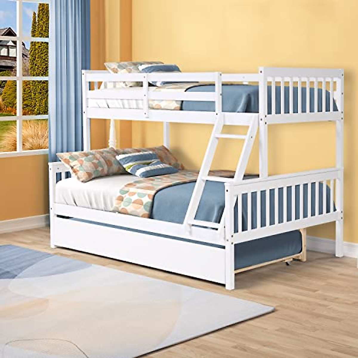 Tatub Twin Over Full Bunk Bed with Trundle, Ladder and Guard Rails, Pine Wood Frame, 3 in 1 Convertible Bunk Bed with Trundle for Kids, Teens, Adults, No Box Spring Needed, Bunk Bed White
