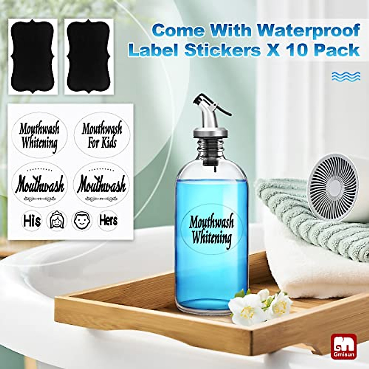 GMISUN Mouthwash Dispenser, 2 Pack 16oz Glass Mouthwash Decanter for Bathroom, 2 Refillable Mouthwash Bottles Container, 3 Pour Spouts, 2 Reusable Mouthwash Cups, Preprinted Labels and Funnel