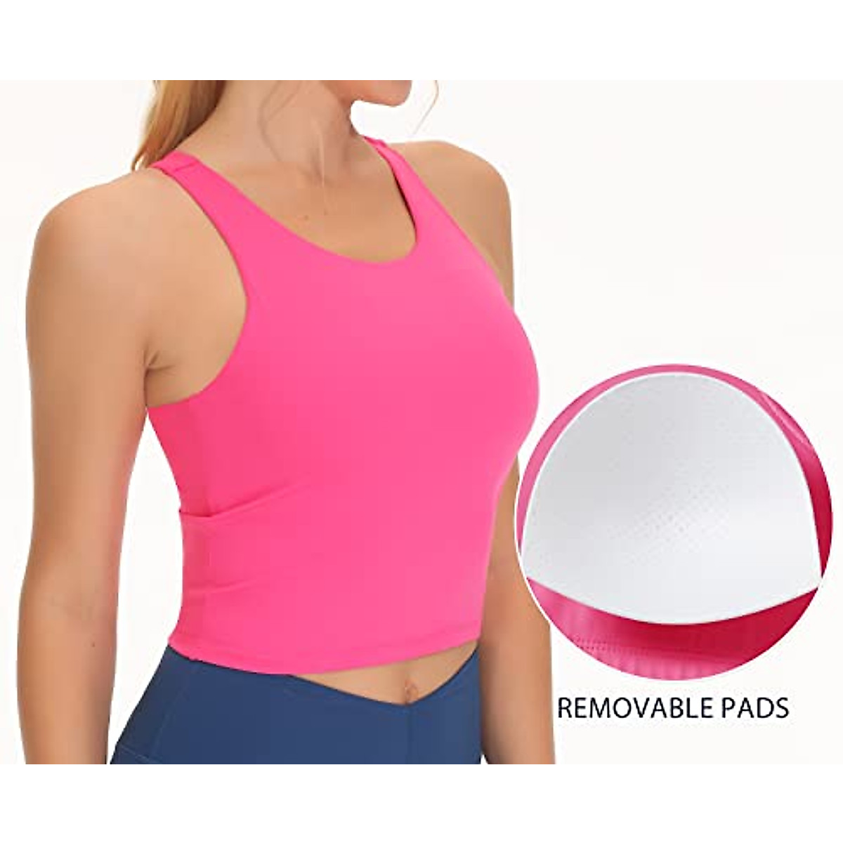 THE GYM PEOPLE Women's Racerback Longline Sports Bra Removable Padded High Neck Workout Yoga Crop Tops Bright Pink