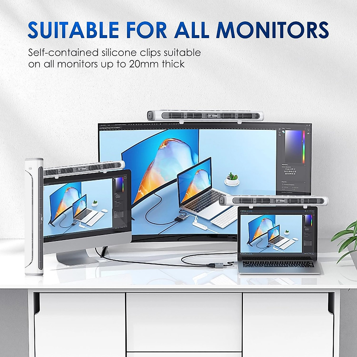 masso Desktop Fan, Monitor Fan, Portable Bladeless Fan with 3 Speeds Office Desk fan Space Saving Personal Cooling Fan USB Cooling Fan, Strong Wind Quiet USB Fan for Office, Home