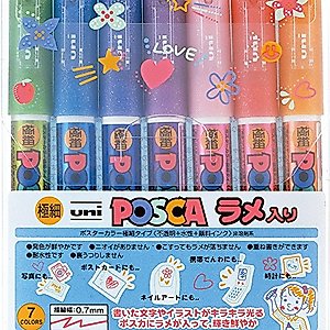 uni Posca Glitter Marker Pc-1ml 7C, Extra Fine Point, 7 Colors Set