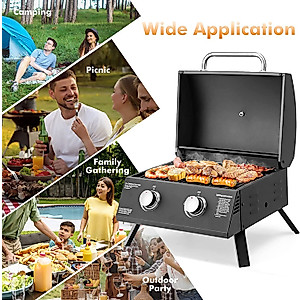 Portable Gas Grill, 20,000 BTU Two Burner Tabletop Barbecue Grill w/Built-in Thermometer, Grease Tray, Waterproof Top Lid, Folding Legs, Compact Propane Grill for Backyard, Camping, Picnic