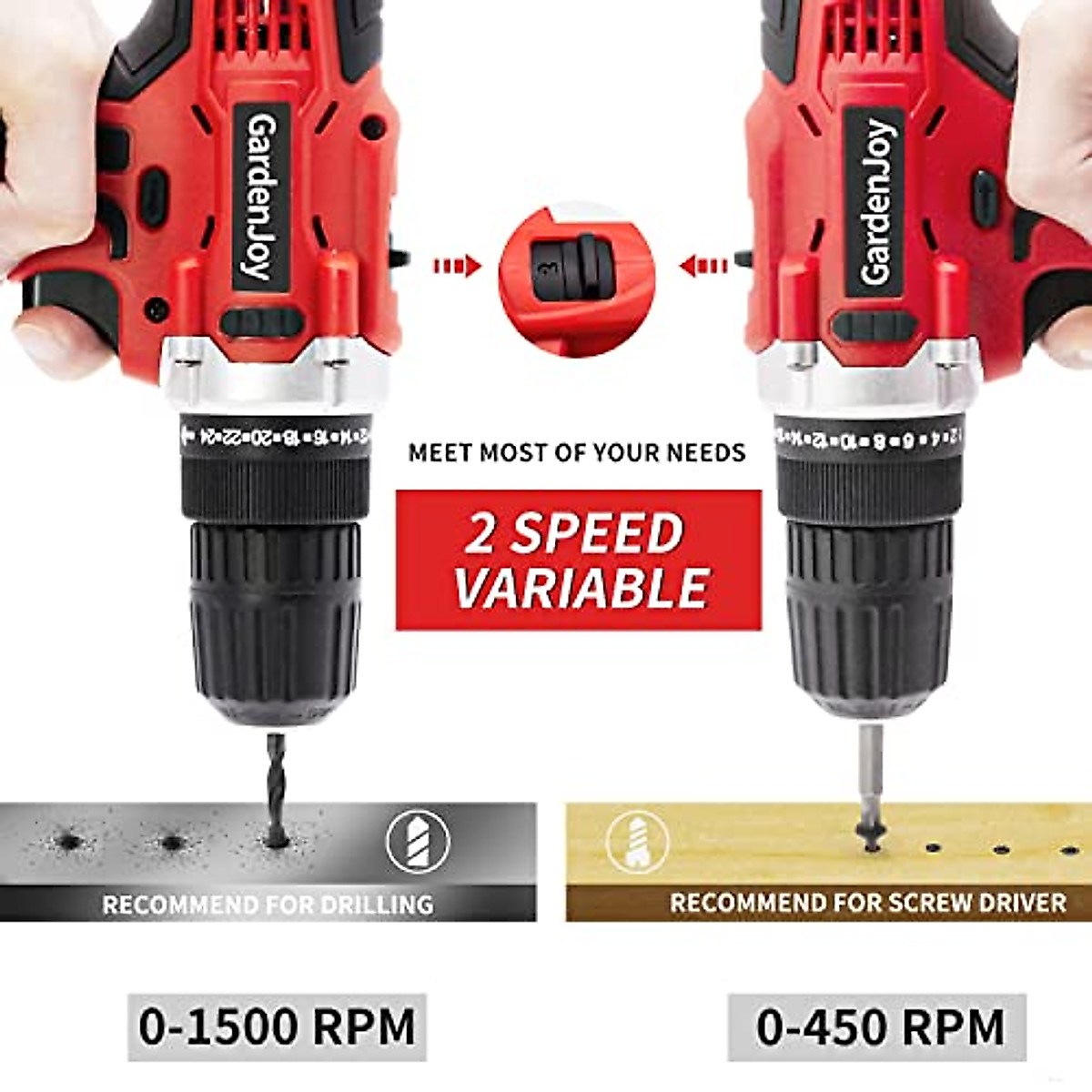 GardenJoy Cordless Power Drill Set: 12V Electric Drill with Battery and Charger, 2 Variable Speed, 24+1 Torque Setting, 3/8-Inch Keyless Chuck, Portable Drill and 30pcs Drill/Driver Bits