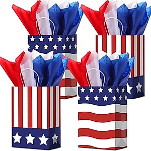 16 Pieces Patriotic Gift Bags with Handle with 18 Pcs Tissue Paper 4th of July Gift Bags American Flag USA Gift Bags for Veterans Day Memorial Day Independence Day Party (Cute Style)