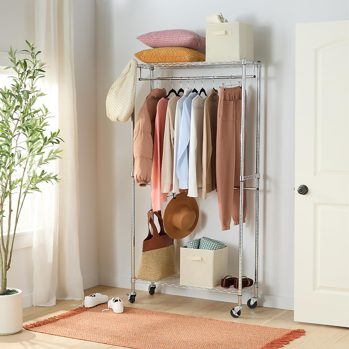 Amazon Basics Adjustable, Double Hanging Rod Garment Rolling Closet Organizer Rack - Black, 72 inches