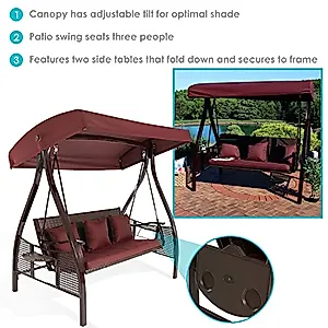 Sunnydaze 3-Seat Deluxe Patio Swing with Steel Frame and Canopy - 600-Pound Weight Capacity - Maroon Cushions Included