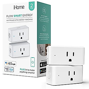 iHome Flow Smart Plug with Energy Monitoring and Timer Function, Wireless Wi-Fi Outlet Socket with On/Off Button, No Hub Required, Compatible with Alexa, Echo, and Google Home, 2-Pack