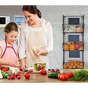 HRAYLTOP 3 Tier Wall Mounted Metal Wire Fruit Storage Basket, Hanging Kitchen Fruit Produce Storage Bins Organizer with S-Hooks and Adjustable Chalkboards, Multipurpose Bathroom Rack/Stand(Black)