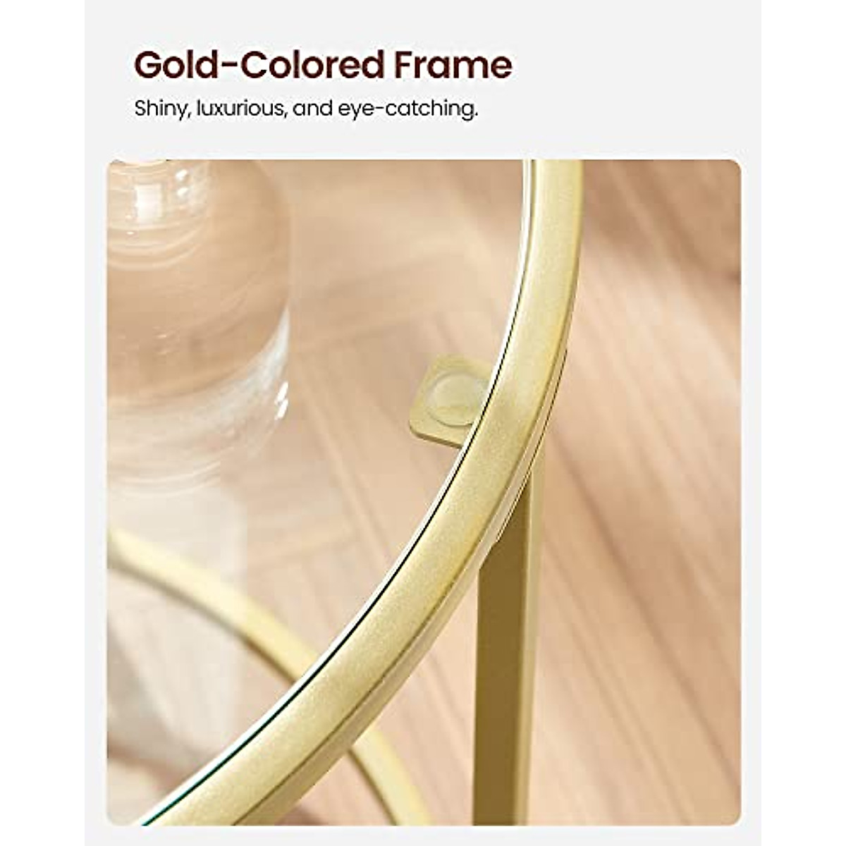 VASAGLE Round Side Table, Glass End Table with Metal Frame, Gold Coffee Table with Modern Style, for Living Room, Balcony, Bedroom, Gold Color