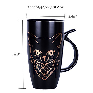 WHJY 20oz Large Black Cute Cat Ceramic Coffee Mug Cup with Splash-proof Lid, Cat Tail Shape Handle, Animal Cat Mug Tumbler (black)
