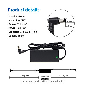 19V 48W Power Adapter for LG Monitors 24M47H-P, 24MP55HQ, 19", 22", 24" Displays and Samsung 32" TVs J5003, J5205, UN32J4000, UN32J5205, A4819-FDY Power Supply Cord (6.5mm * 4.4mm).