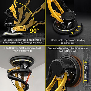 1250W Drywall Sander, 11.5A Electric Drywall Sander with Vacuum Dust Collection, 5 Variable Speed 800-1800RPM, Popcorn Ceiling Removal Tool with Extendable Handle, LED Light, 18pcs Sanding Discs