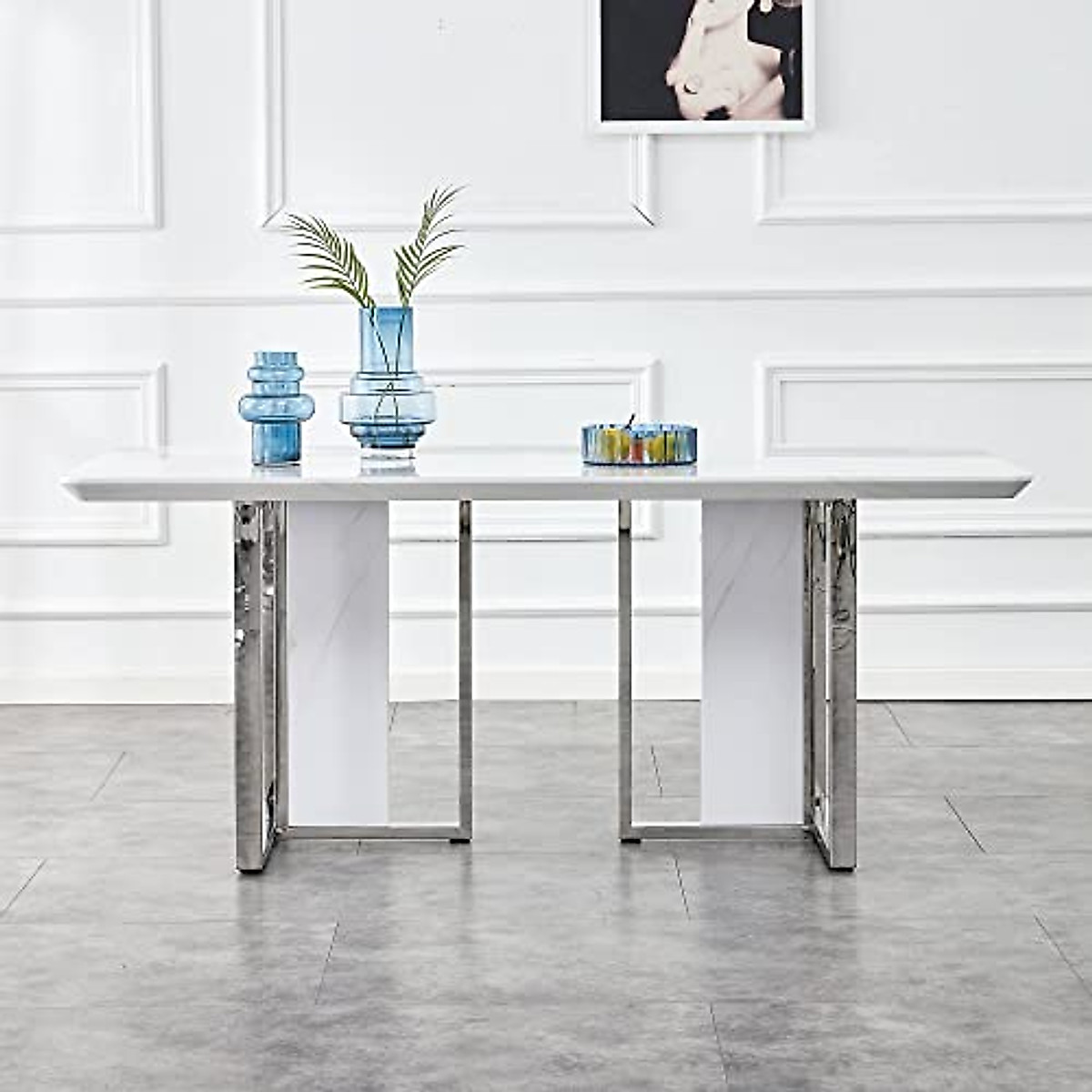 Goderfuu White Marble Dining Table for 8 People - 71 inch Modern Kitchen Dining Room Table with Silver Base, Faux Marble Dining Table Pedestal Table Dinner Table, Large Marble Table for Dining Room