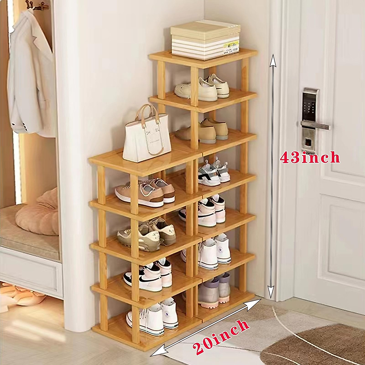 Bamboo Shoe Rack 12 Tier- Vertical Shoe Rack for Small Spaces, Tall Narrow Shoe Rack Organizer for Closet Entryway Corner Garage and Bedroom,Skinny Shoe Shelf with Free Stackable DIY