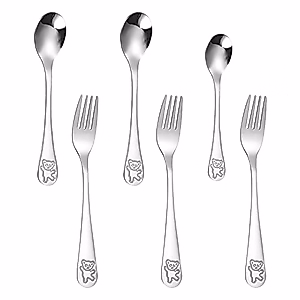 HAOBAOBEI Kids Silverware Set, Set of 6 Stainless Steel Kids Utensils Forks and Spoons Set, Lunch Box Utensils Set Kids, Metal Utensil Set for 12 Years +, Dishwasher Safe, Mirror Polished, Cute Bear