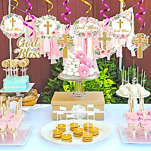 ANGOLIO 30Pcs Pink Floral Cross Hanging Swirls Decorations, Religious Baby Shower Themed Decoration Ceiling Hanging Decor, First Holy Communion Ceremony Party Swirl Hanging Ornaments