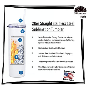 10 Pack 20oz Sublimation White Straight Skinny Tumbler with Plastic Straw, Sublimation Tumblers for Heat Transfer DIY, Sublimation Blanks, Mugs, Double Walled Stainless Steel Travel