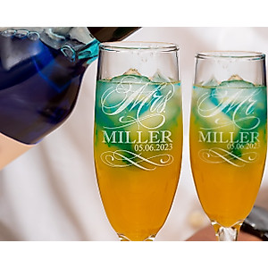 CHRISTMAS-STOCKINGS-by-STOCKINGFACTORY Mr and Mrs Champagne Wedding Glasses, Set of 2 Personalized Toasting Flutes, Engraved Mr and Mrs Wedding Toast Glass Flutes, Bride and Groom
