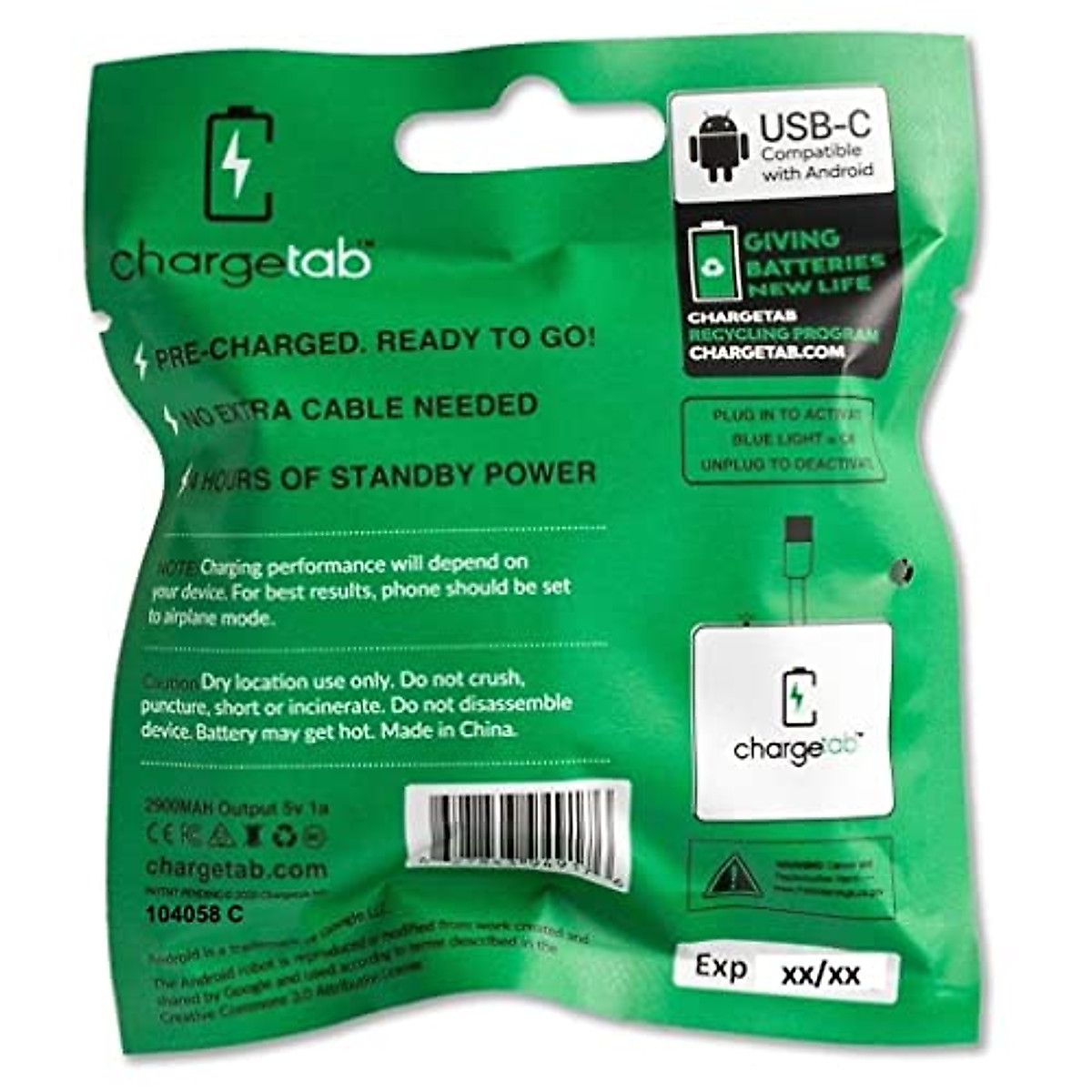 ChargeTab New V4 Emergency Portable Cell Phone Power, USB-C Charger, Pre-Charged Battery Pack with 2 Year Shelf Life (2900mAh Each) (3 Pack)