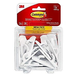 Command Small Utility Hooks, Damage Free Hanging Wall Hooks with Adhesive Strips, No Tools Wall Hooks for Hanging Organizational Items in Living Spaces, 24 White Hooks and 28 Command Strips