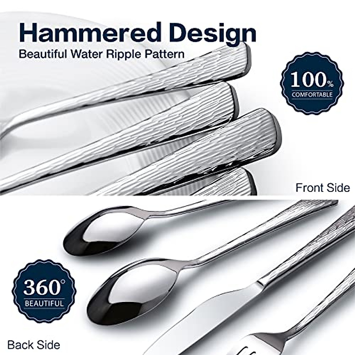 KINGSTONE Hammered Silverware Set, 40-Piece Flatware Set for 8, 18/10 Stainless Steel Premium Cutlery with Unique Ripple Handles Design Mirror Polished - Dishwasher Safe