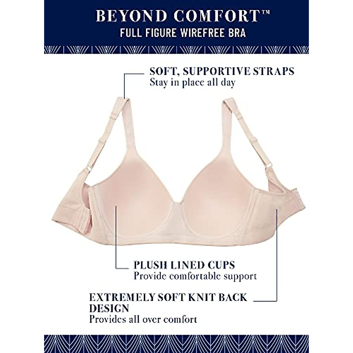 Vanity Fair Women's Beyond Comfort Full Figure Wireless Bra, Seamless Back, Lightly Lined Cups up to DD, Black, 44C
