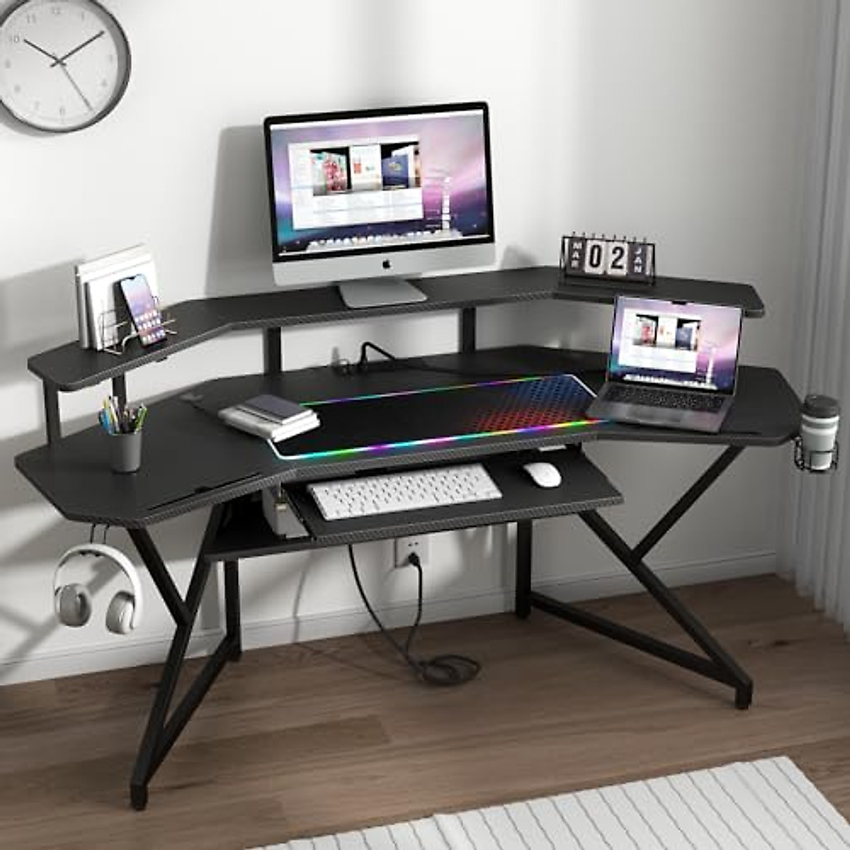 Auromie 72" Gaming Desk with Power Outlet & Led Strip, Large Wing-Shaped Computer Desk w Monitor Stand & Keyboard Tray & RGB Mouse Pad, Studio Desk w Storage Shelf Headphone Hook Cup Holder