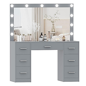 Irontar Vanity Table, Makeup Table with Lighted Mirror, 3 Color Lighting Modes, Brightness Adjustable, Dressing Table with Drawers, Vanity Desk for Women, Gray