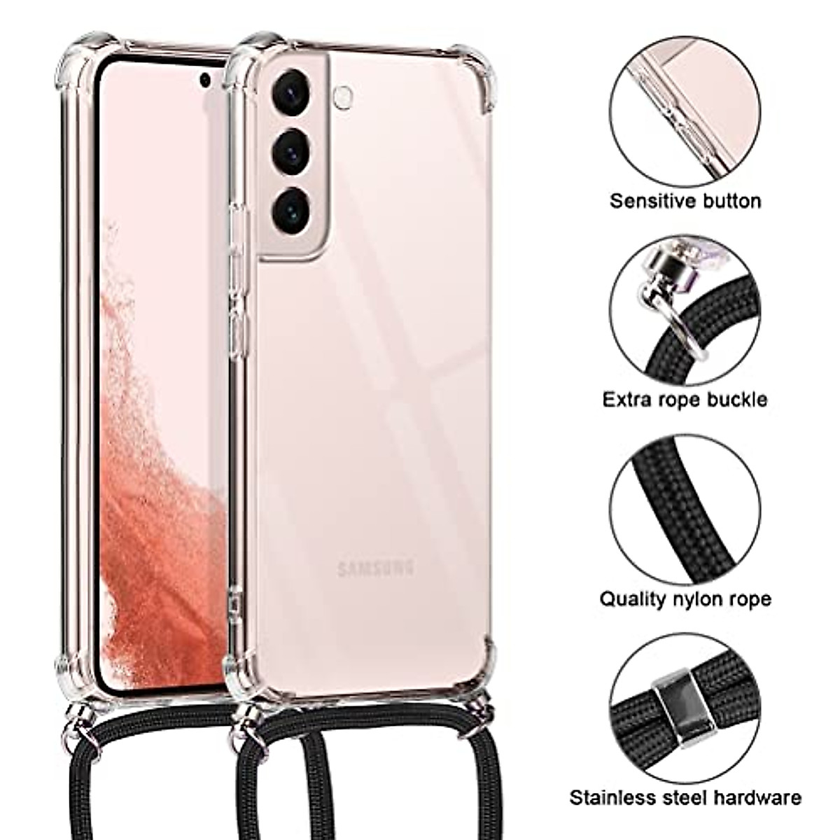 Vauki Crossbody Case for Samsung Galaxy S22 5G Clear Silicone Phone Case for Samsung S22 5G 6.06" with Lanyard Neck Cord Strap, Soft TPU Shockproof Protective Transparent Cover Case - Black Necklace