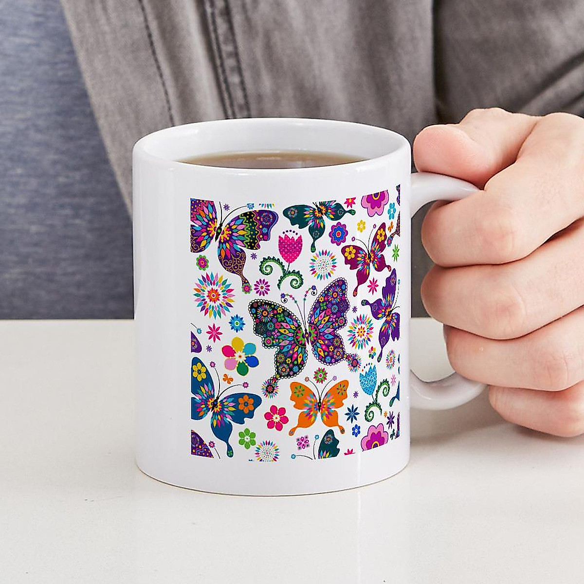 CafePress Colorful Flowers And Butterflies Pattern Mugs Ceramic Coffee Mug, Tea Cup 11 oz
