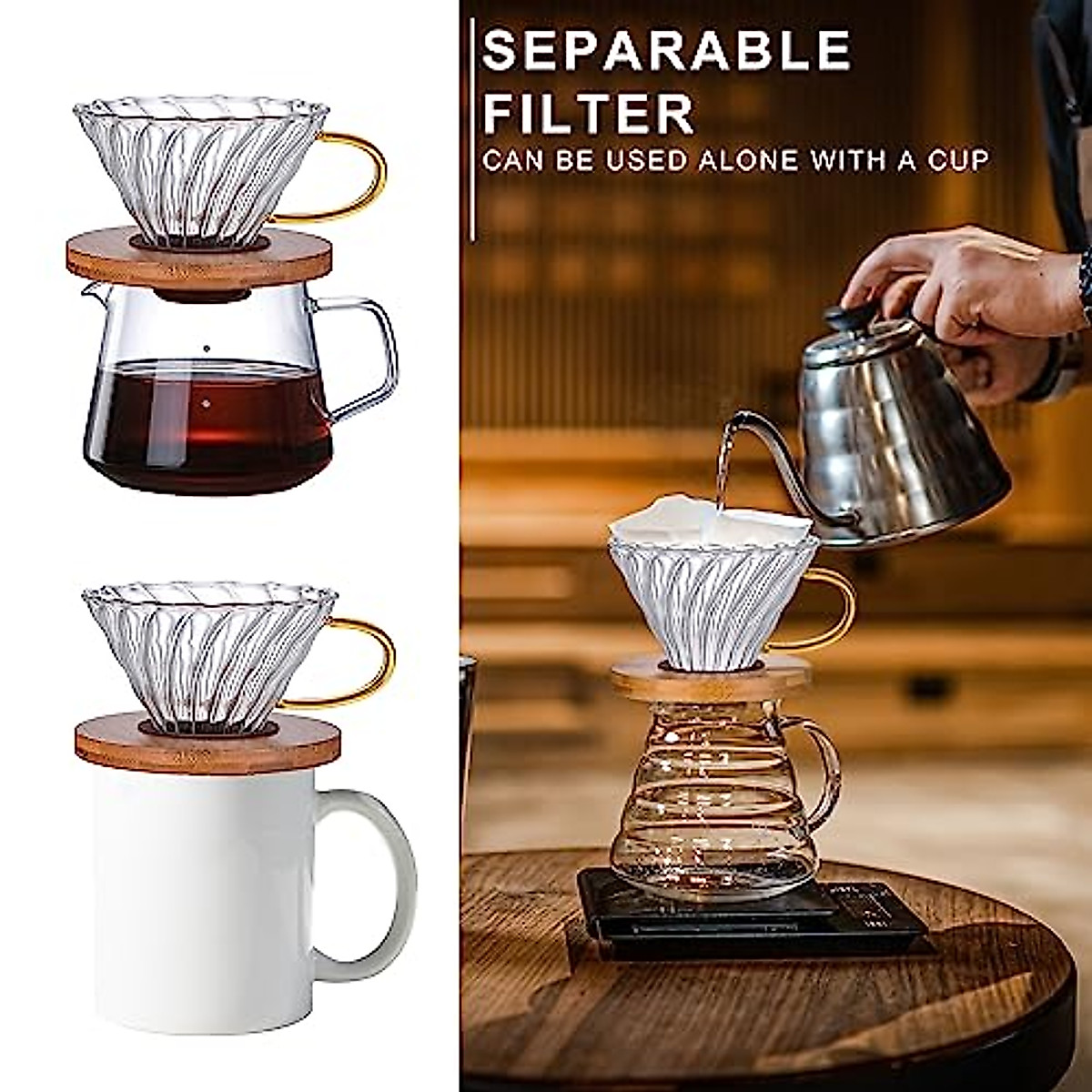Gute Glass Coffee Dripper/Filter - Cone Glass Pour Over Coffee Dripper with Bamboo Stand & Handle, 1-4 Cups Drip Coffee Maker Funnel Accessories for Home, Office