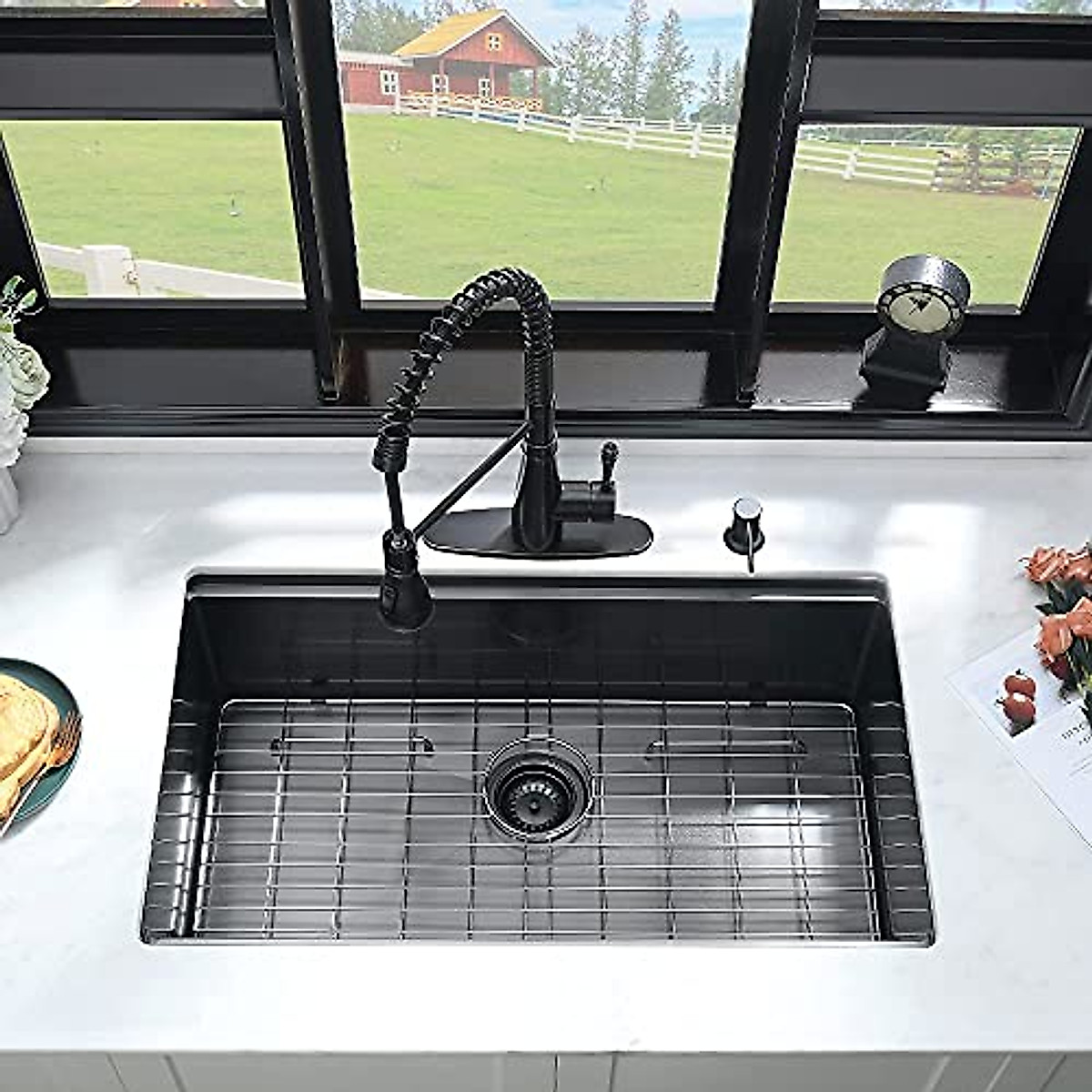 28 Black Undermount Kitchen Sink - iAnomla 28 Inch Black Stainless Steel Undermount Workstation Sink 16 Gauge Deep Single Bowl Matte Black Kitchen Sink with Cutting Board