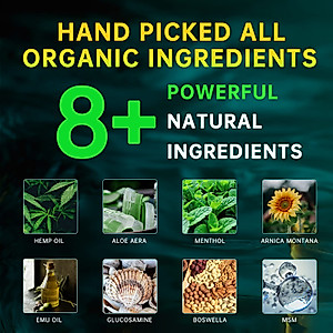 Natural Hemp Cream for Muscles, Joints, Lower Back, Back, Knees, Neck, Fingers, Elbows- 8.5 fl oz - Arnica,MSM, Turmeric, Emu Oil, Menthol, Aloe