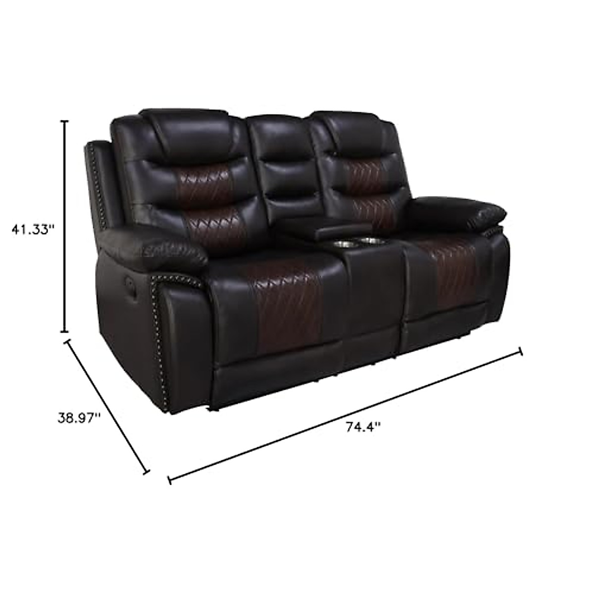 New Classic Furniture Nikko Faux Leather Manual Console Loveseat with Dual Recliners, Brown