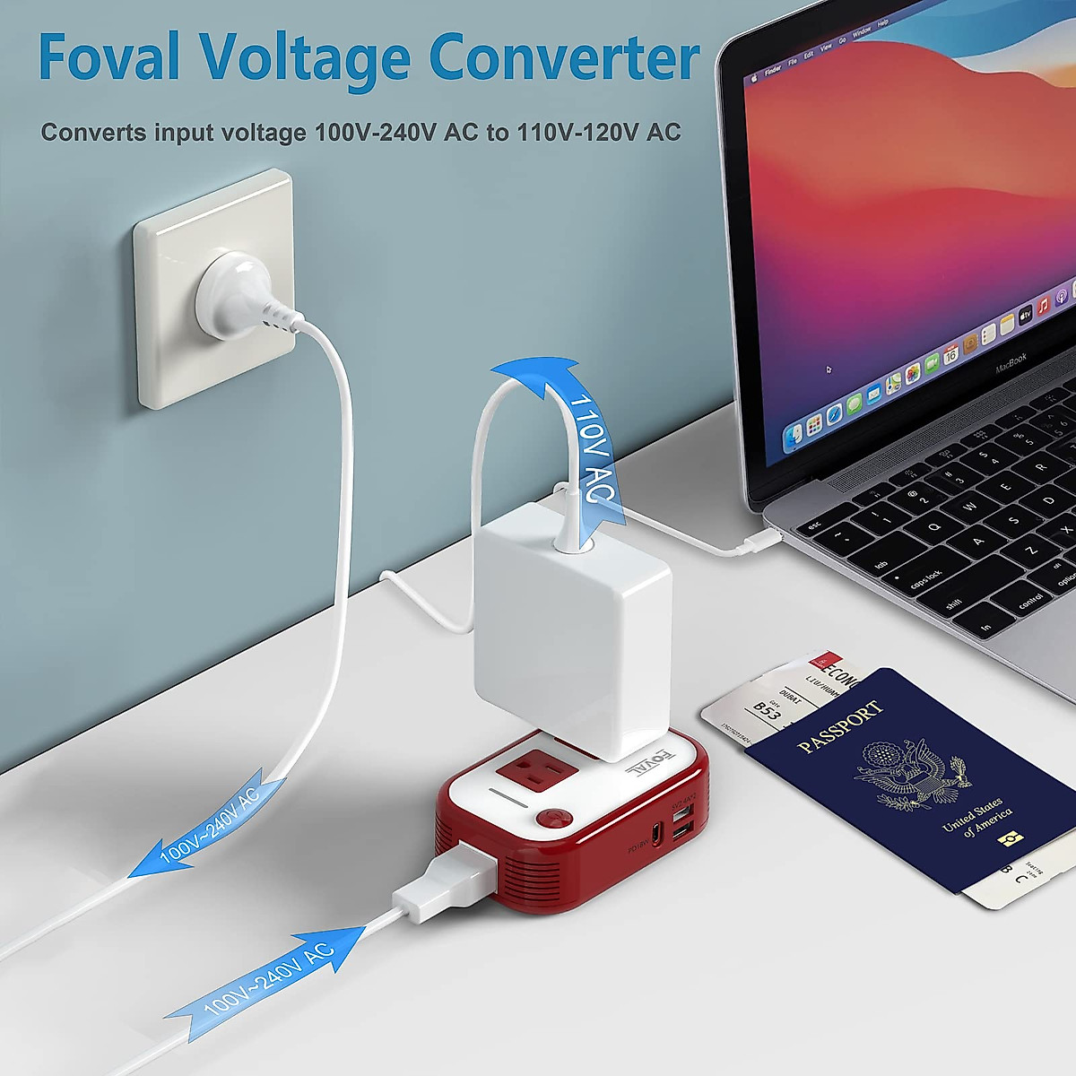 Travel Voltage Converter 220V to 110V-FOVAL Step Down Power Converter International Travel Adapter with USB-C Port 18W-[Outlet Converter US to Europe, Italy, UK, AU, Use for USA Appliance in Overseas]