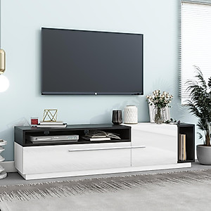 Merax Two-Tone Design Stand with Silver Handles, UV High-Gloss Media Console for Television Up to 70", Chic Style TV Storage Cabinet for Living Room, 66.8 inch Length, White