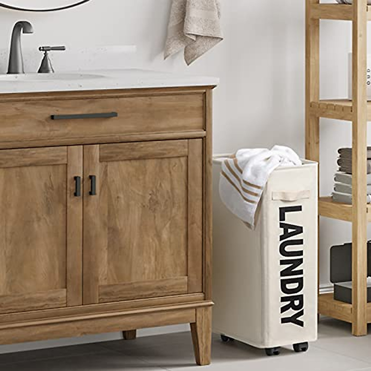 Chrislley 45L Slim Laundry Hamper with Wheels Narrow Rolling Laundry Basket Foldable Dirty Clothes Portable Skinny Hamper Organizer Storage Bins (23.2 inches, Beige 3)