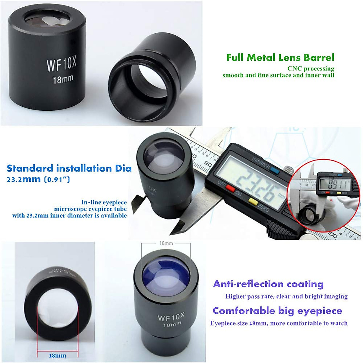 DM-WF001 10X Widefield Eyepiece,Microscope Eyepiece Lens,23.2mm Lens for Compound Biological Microscopes,Industry Microscope