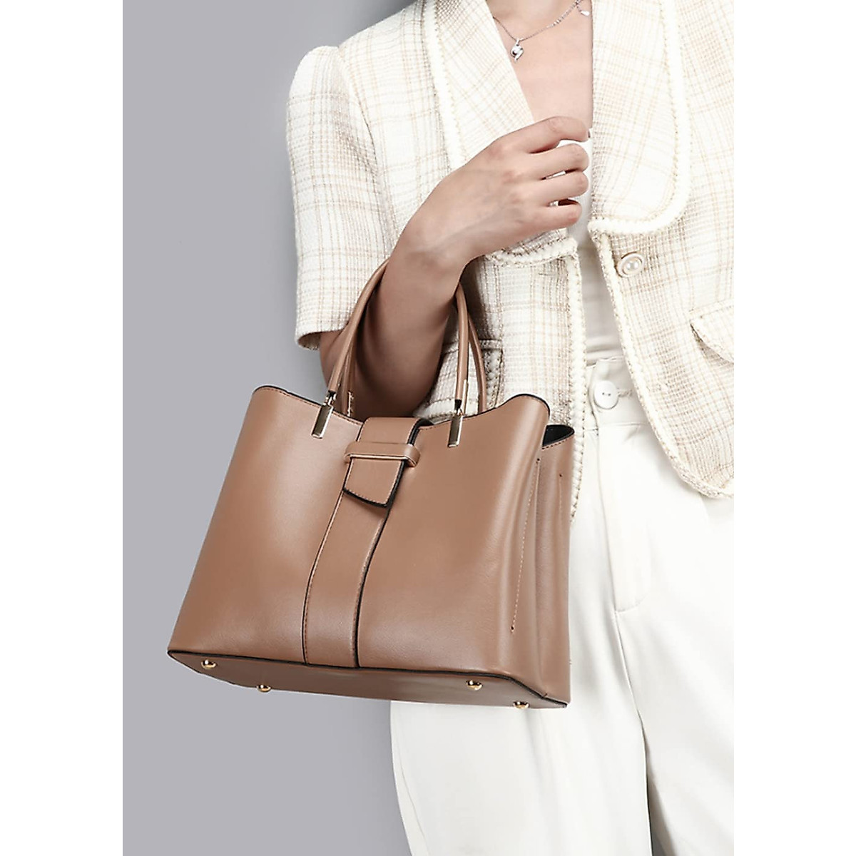 SMALLBLUER Women's Fashion Handbag PU Leather Shoulder Crossbody Bag Purse 2pcs-Brown