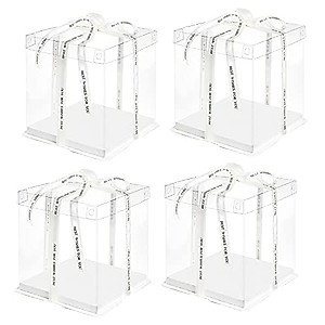Clear Cake Box,4 Pcs Transparent Cake Box with Ribbon for Pastries10" X 10" X 9"-Clear Tall Cake Box- Clear Gift Boxes with Lid for Wedding Party and Gift Display (White-4 Set)