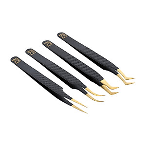 M LASH Eyelash Extension Tweezers (Set of 4) - Professional & Precision Lash Tweezers for Eyelash Extensions - Japanese Steel, Diamond Grip, Fiber Tip (Matte Black)