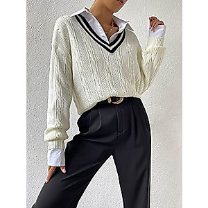 Verdusa Women's V Neck Striped Drop Shoulder Long Sleeve Sweater Knit Tops Pullover White Medium